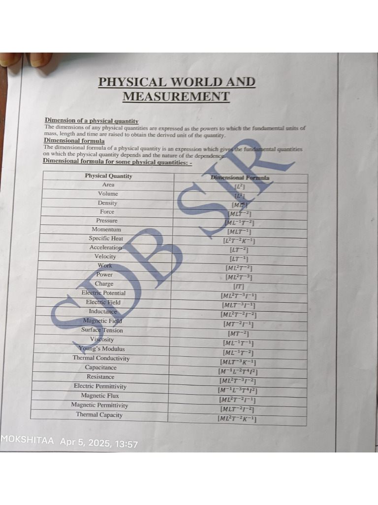 SDB Sir Physics Units Andimensions Notes | PDF