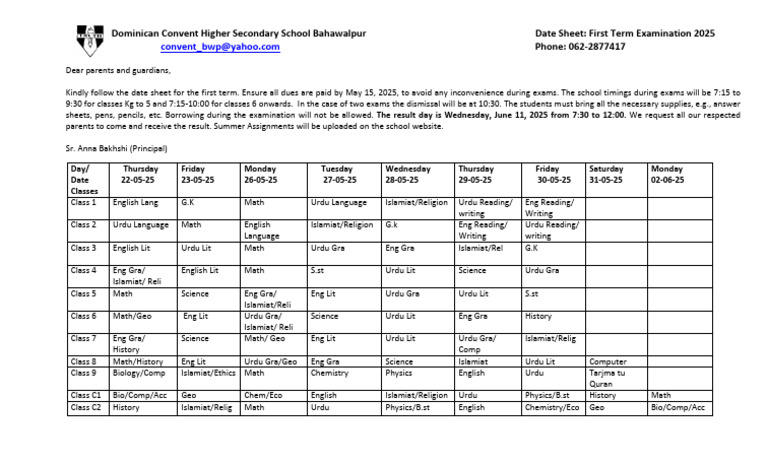 Datesheet First Term 13 May2025 Pdf
