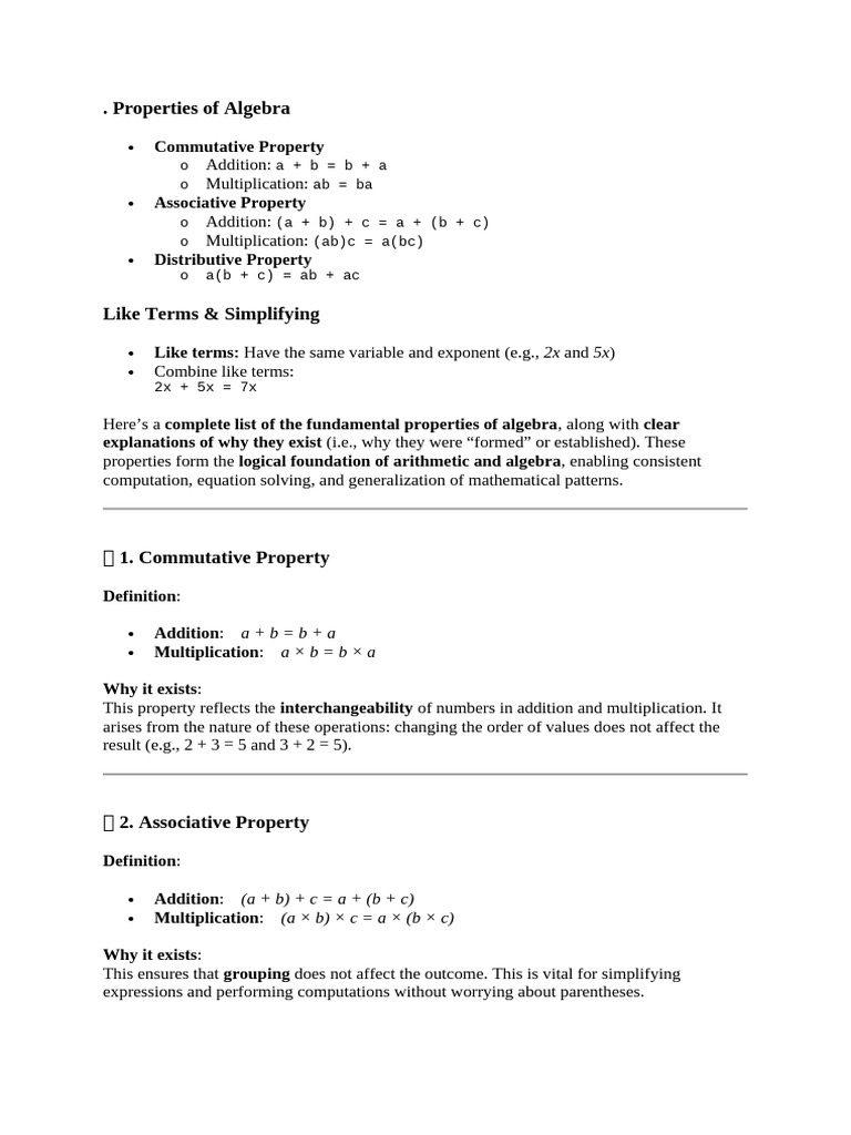 Fundamental Algebra Properties Explained | PDF | Algebra | Multiplication