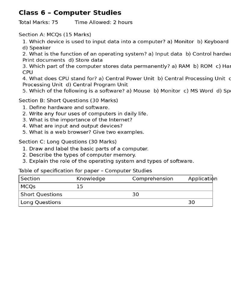 Computer Studies Paper With MCQs | PDF