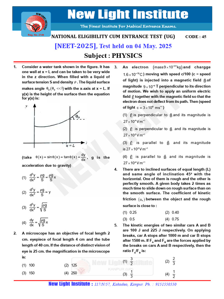 NEET UG 2025 Question Paper Set 45 | PDF | Polarization (Waves) | Electron