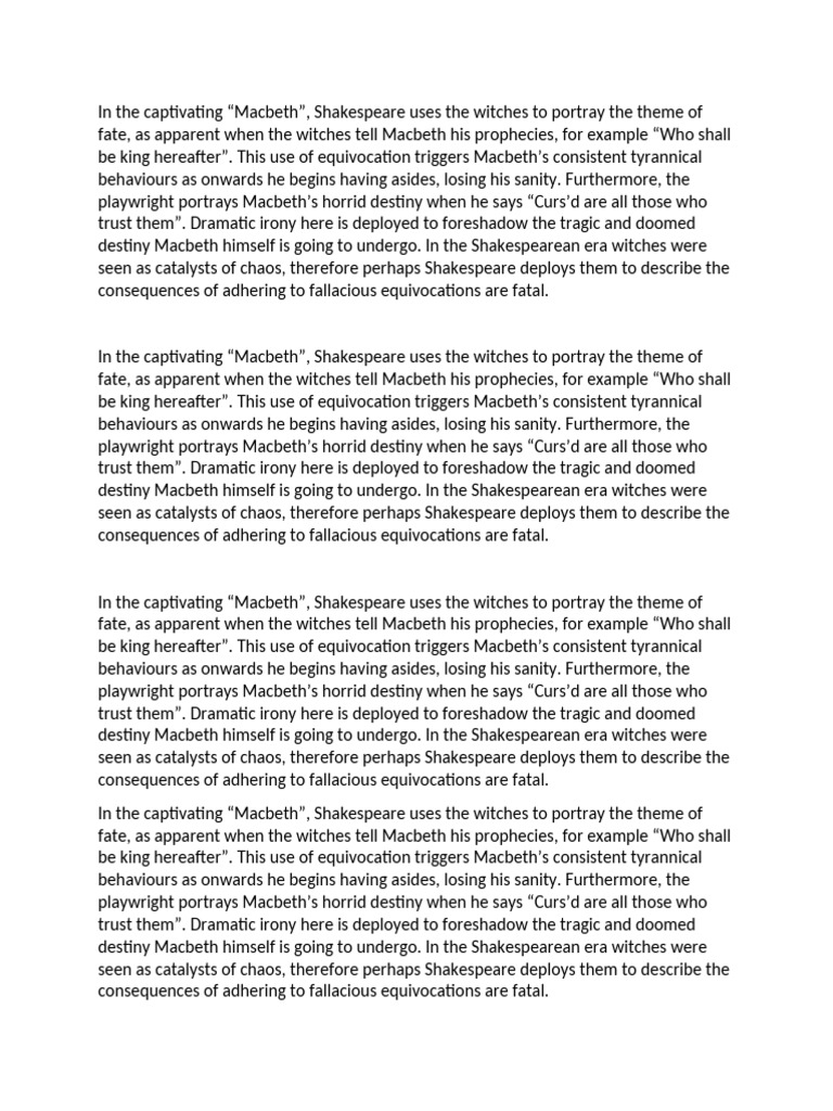 Sample Paragraph Theme of Fate in Macbeth | PDF | Macbeth | William ...