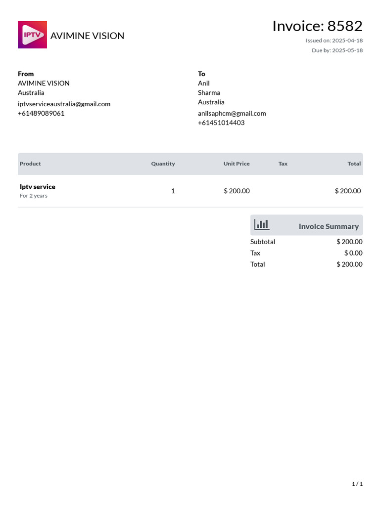 AVIMINE VISION Invoice #8582 | PDF