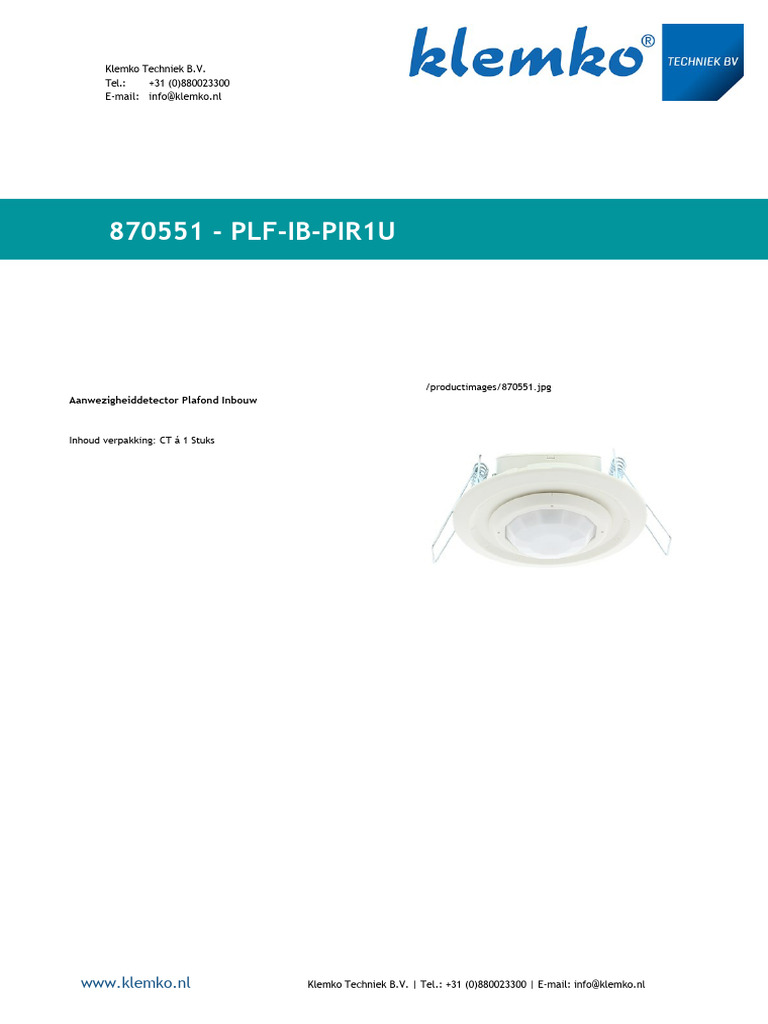Technisch Informatieblad Klemko Techniek Aanwezigheids Melder 870551 | PDF