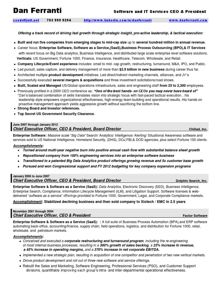 Chief Executive Officer CEO President in Washington DC Resume Dan ...