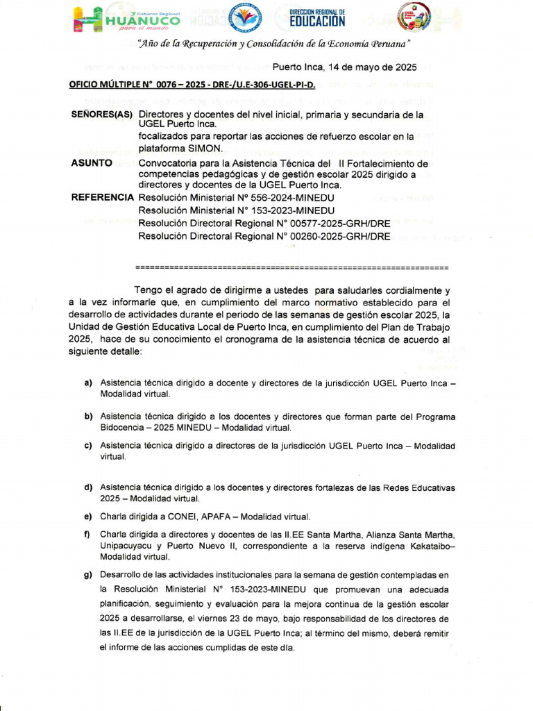 OFICIO MULTIPLE N° 0076- 2025- DRE-U.E-306-UGEL-PI . | PDF