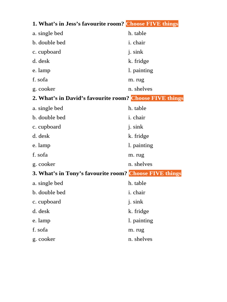 Favorite Room Items for Jess, David, Tony | PDF
