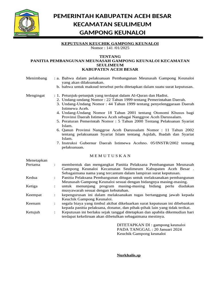 SK Panitia Meunasah Miftahul Jannah DS Babah Dua | PDF