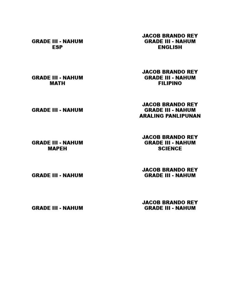 Grade 7 Name Tag for Jacob Brando Rey | PDF