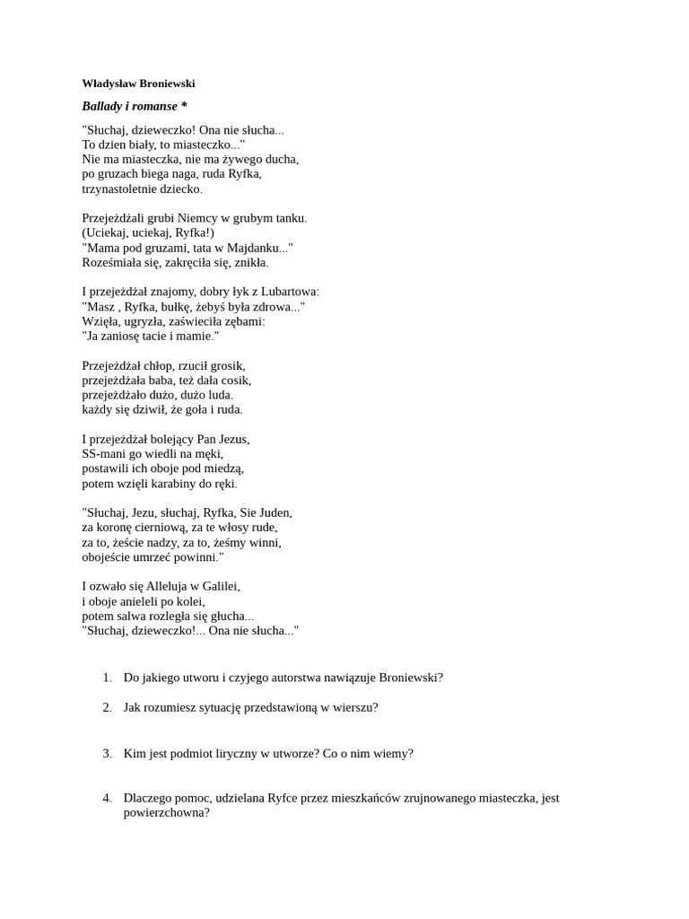 Broniewski Ballady I Romanse - Karta Pracy | PDF