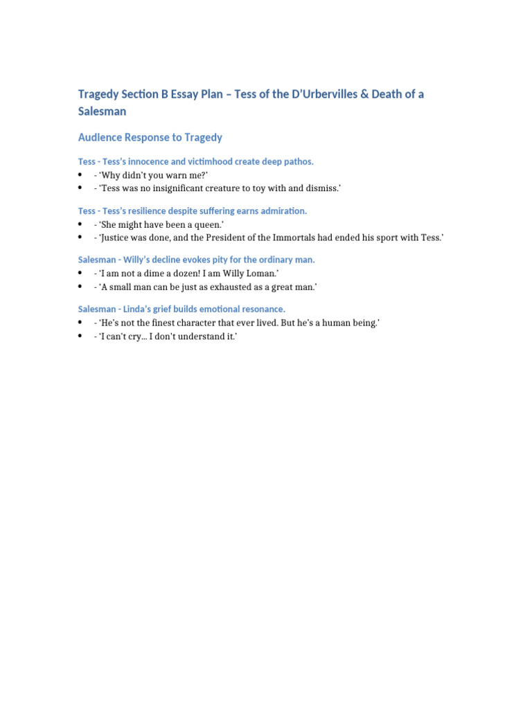 Tragedy Essay Plan Tess Salesman | PDF