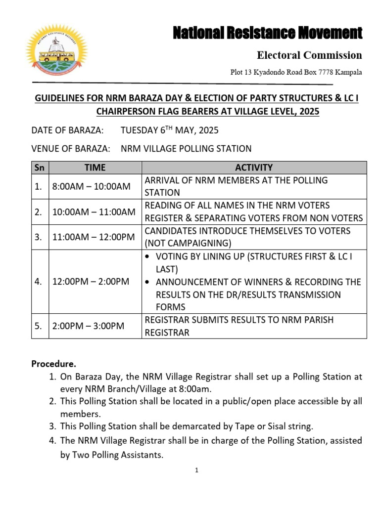 Guidelines For NRM Baraza Day & Election of Party Structure and LC I ...