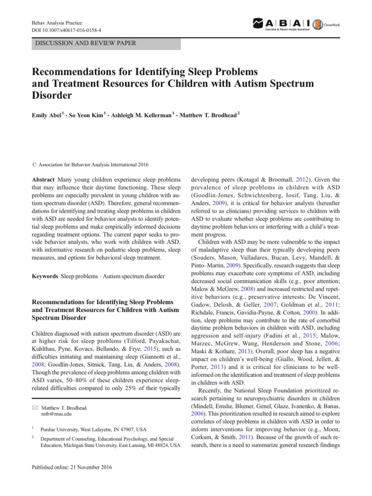 Recommendations For Identifying Sleep Problems and Treatment Resources For Children With Autism ...