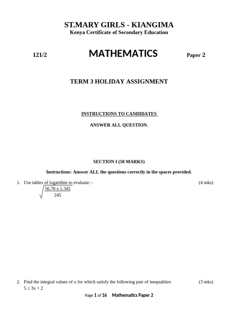 Form 3 Math Term 3 Holiday Assignment | PDF | Area | Circle