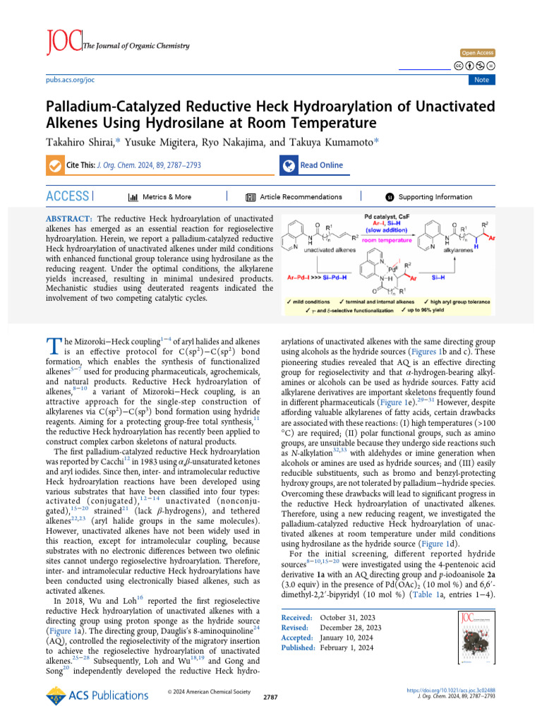 Shirai Et Al 2024 Palladium Catalyzed Reductive Heck Hydroarylation of ...