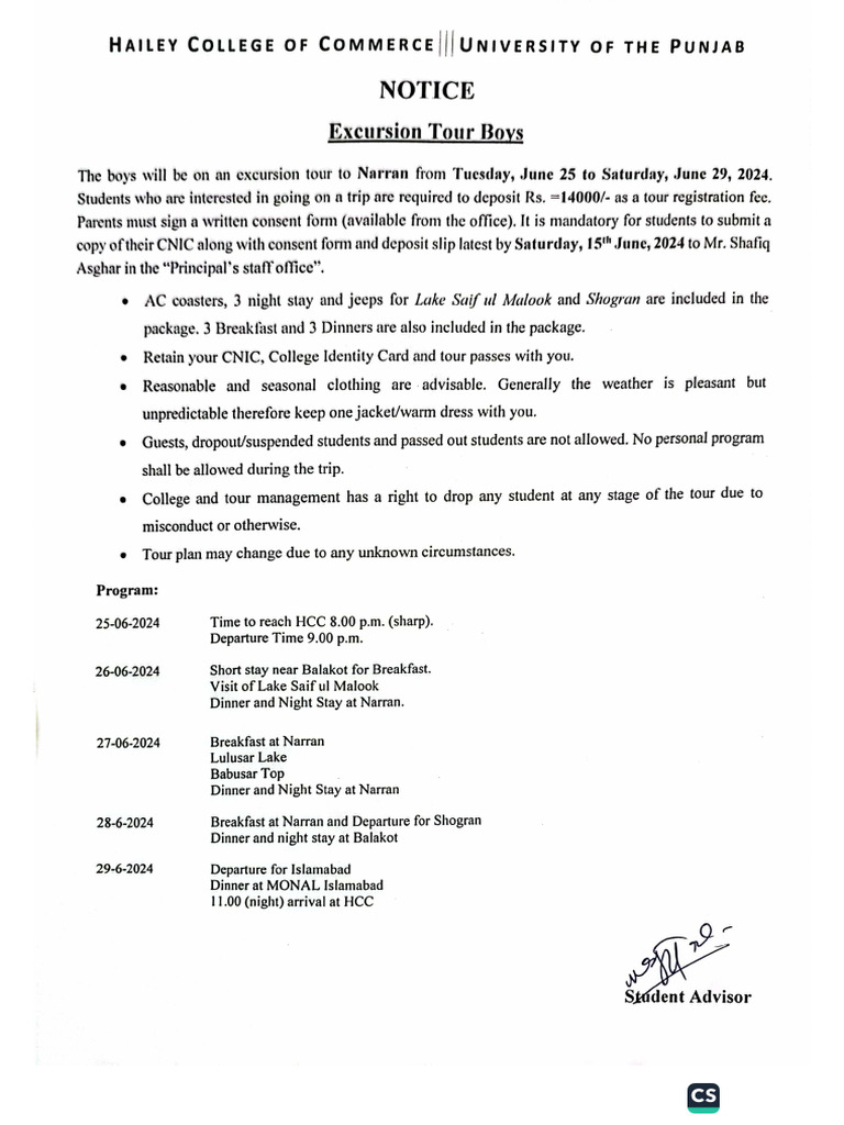 Boys Tour Notice 2024 | PDF