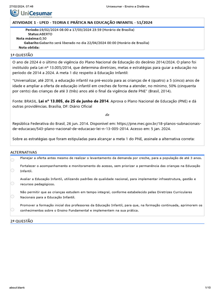 Unicesumar - Ensino A Distância - AE1 | PDF | Pré-escola | Pedagogia
