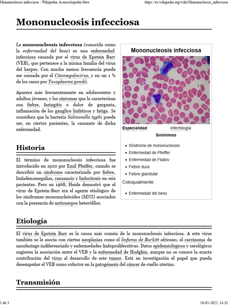 Mononucleosis Infecciosa | PDF | Enfermedades y trastornos | Especialidades Medicas