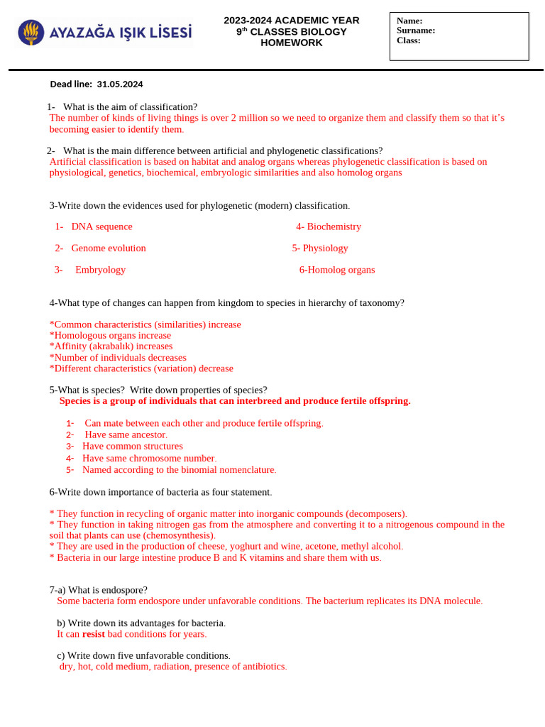 31.05.2024 9 Bio HW Classification-Answer Key | PDF | Cell (Biology ...