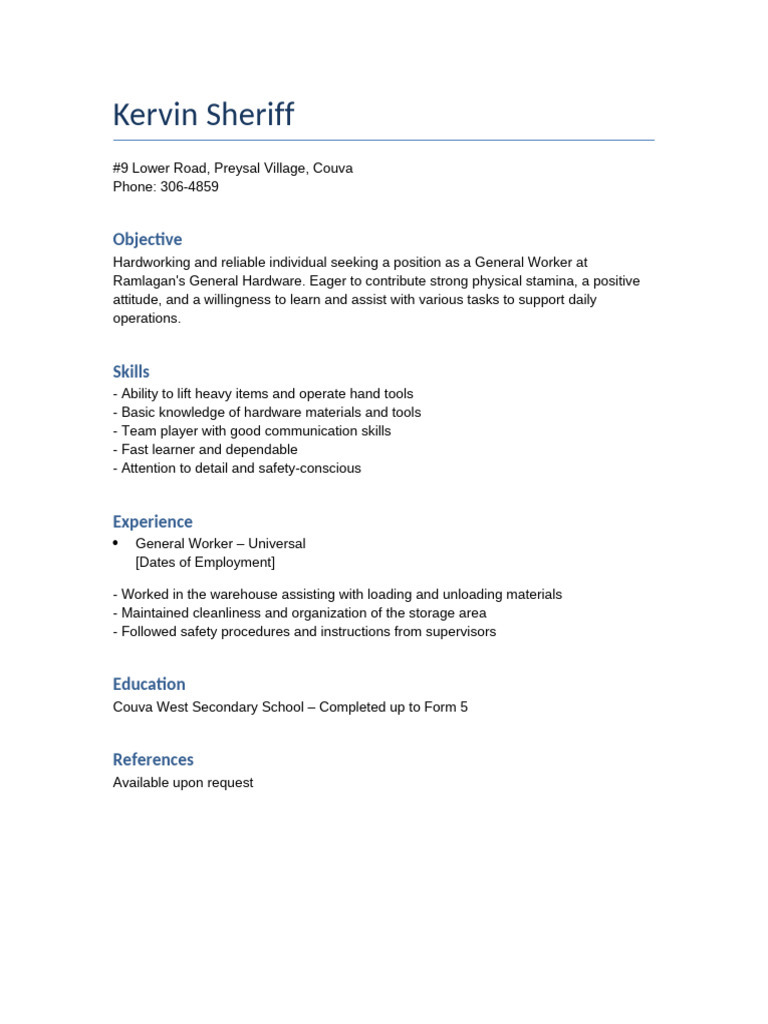 General Worker Resume for Kervin Sheriff | PDF