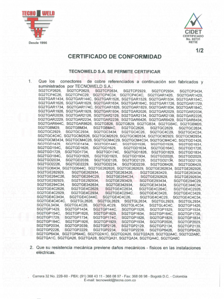 Elec 005 Certificado Conectores Grapa Gark | PDF