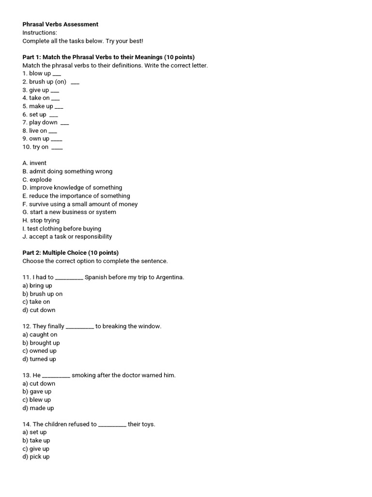 FCE Phrasal Verbs Assessment | PDF