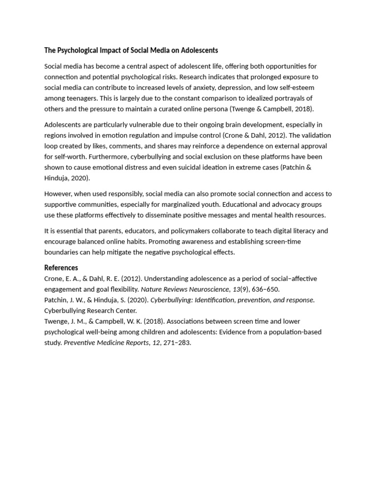 The Psychological Impact of Social Media On Adolescents | PDF