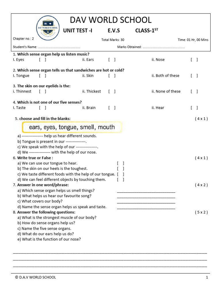 Unit Test - I Evs Class 1 | PDF | Senses | Neuropsychological Assessment