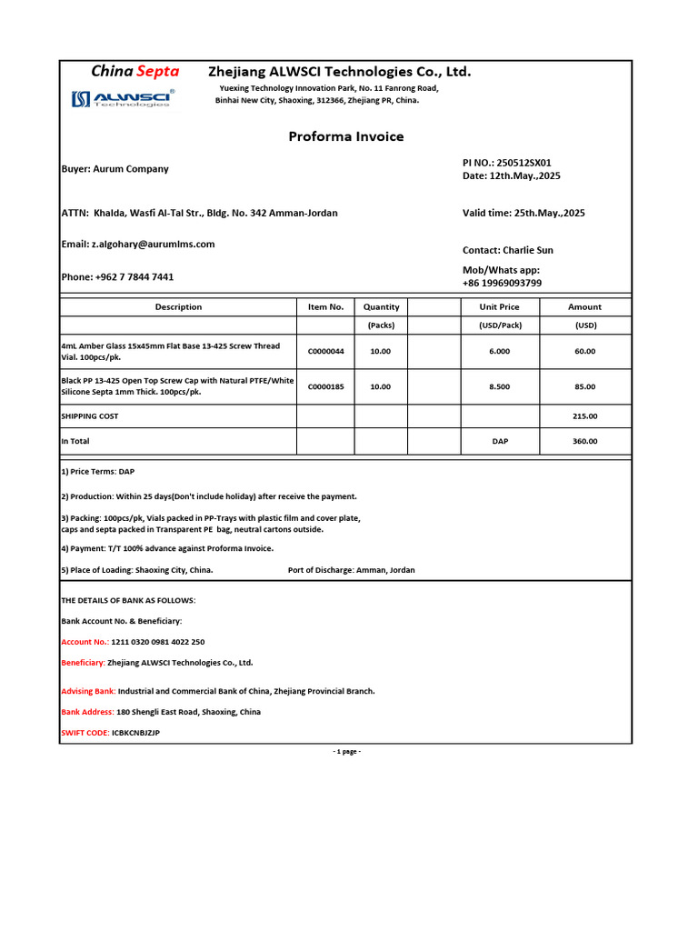 Proforma Invoice for Aurum Company From Alwsci Dated on 12th.may.2025 (2) | PDF