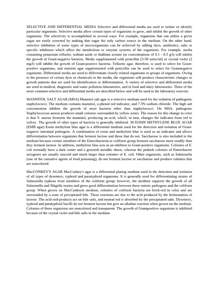 SELECTIVE AND DIFFERENTIAL MEDIA Selective and Differential Media Are ...