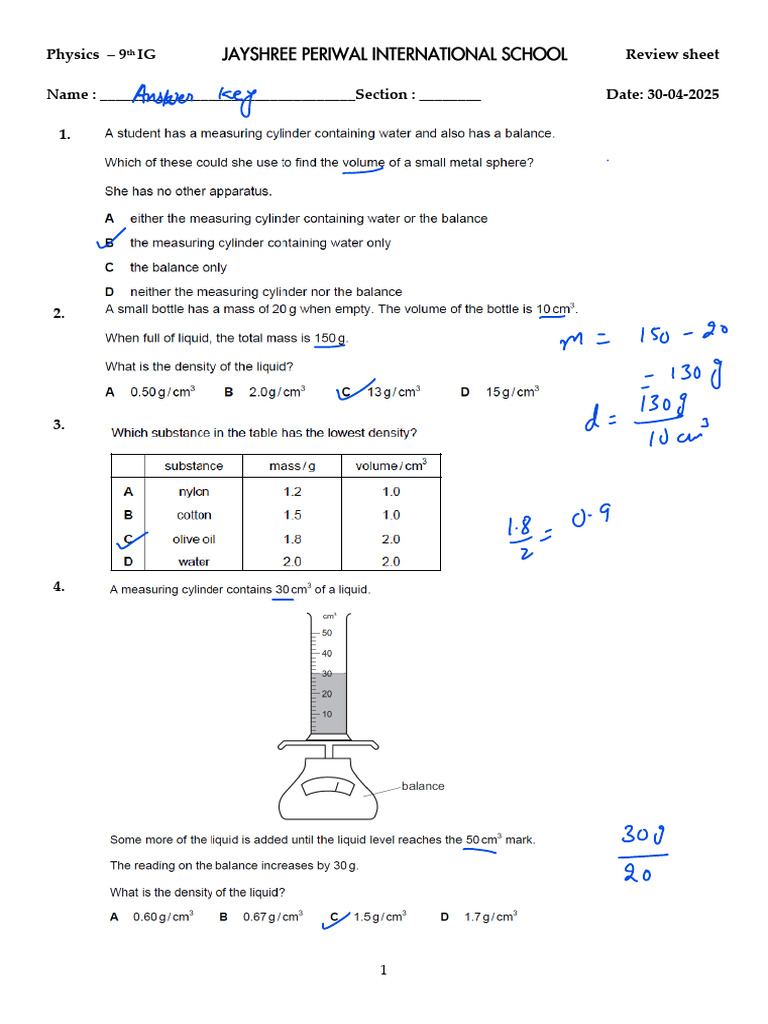 Grade 9th Physics - Review Sheet 30-04-2025 | PDF