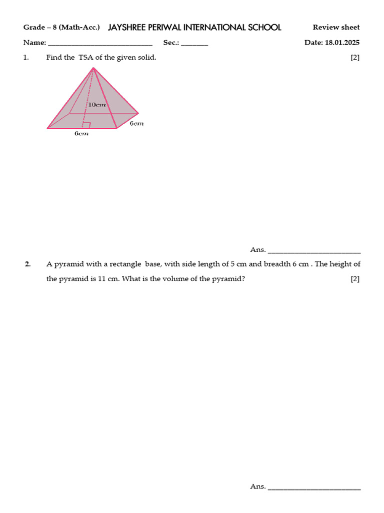 Accelerated Math - Review Sheet - 18.01.25 | PDF | Sphere | Area