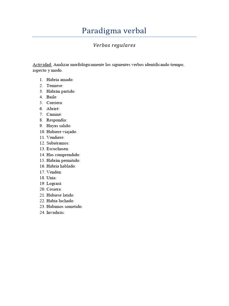 Actividad Paradigma Verbal. Verbos Regulares | PDF