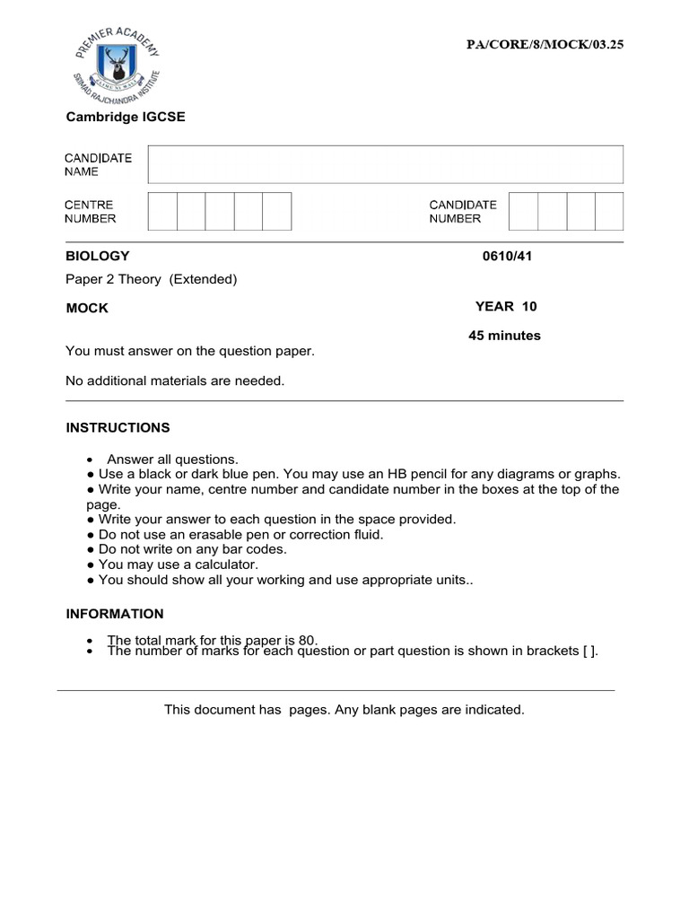 Year 10 - MOCK - Biology - Paper 4 March 25 Ms | PDF