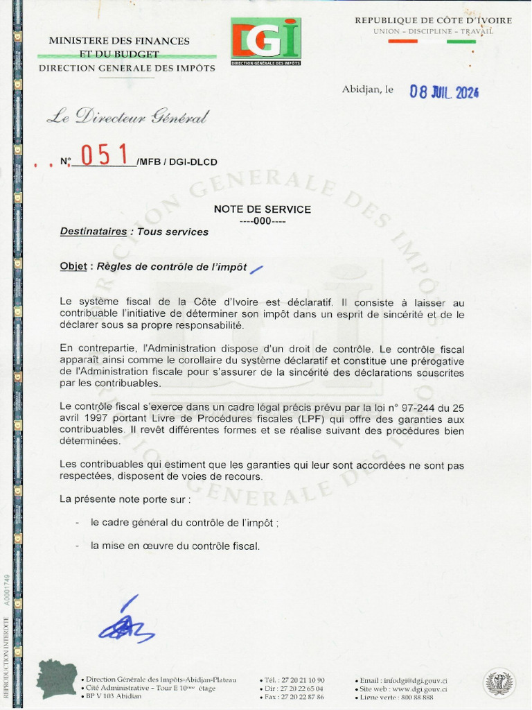 N° 051 MFB DGI DLCD DU 08 JUIL 2024 Règles de Controle de L'impot | PDF