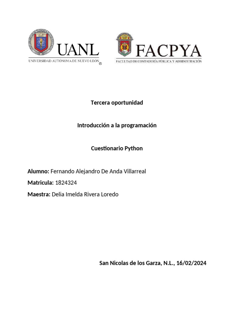 Cuestionario Python - tercera oportunidad | PDF