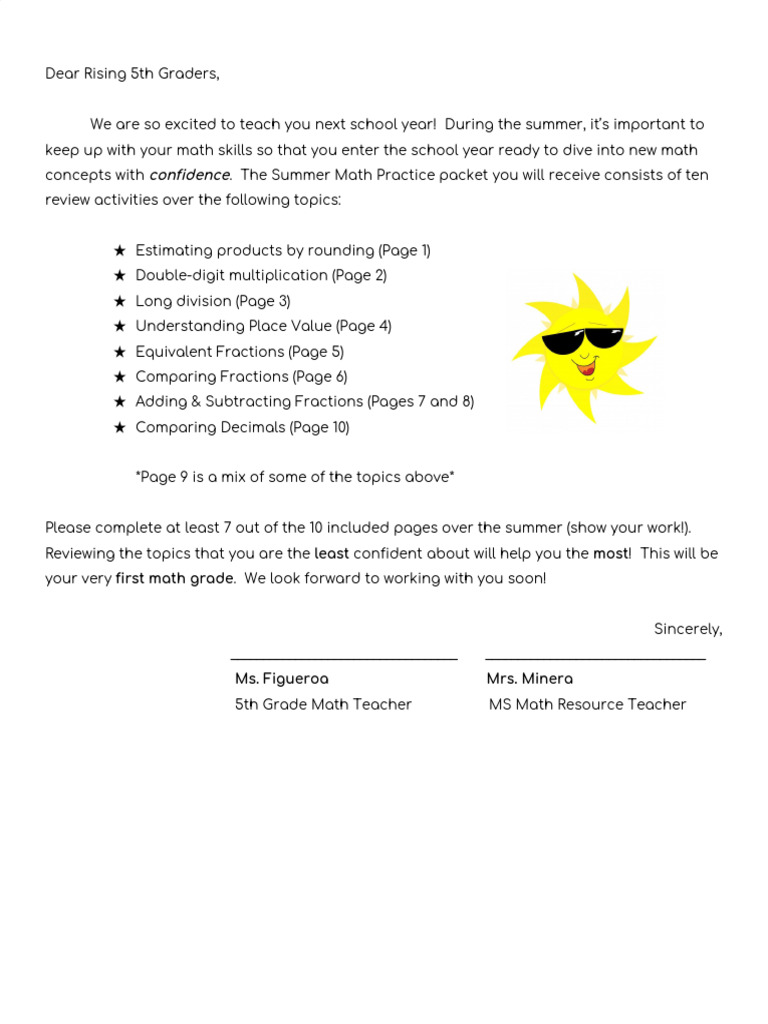 5th Grade Math Letter Packet | PDF