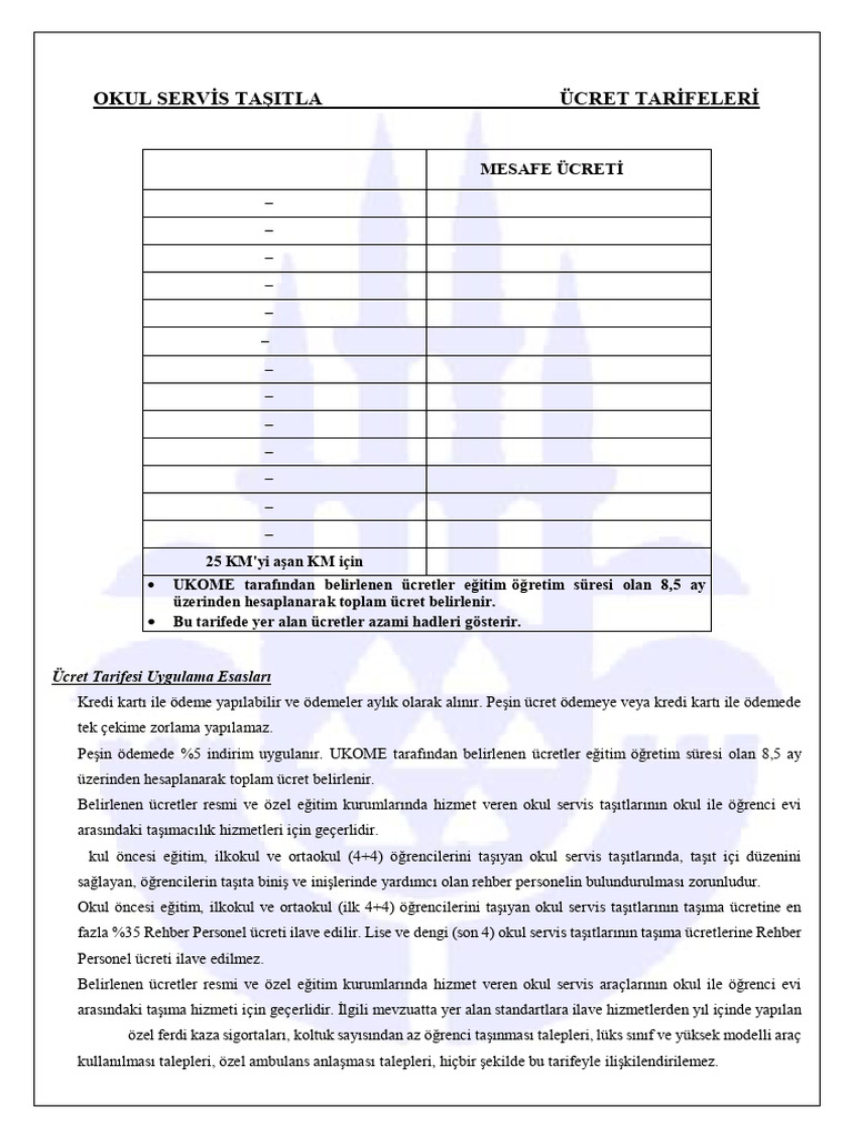 Okul Servis Taşımacılığı Ücret Tarifeleri | PDF