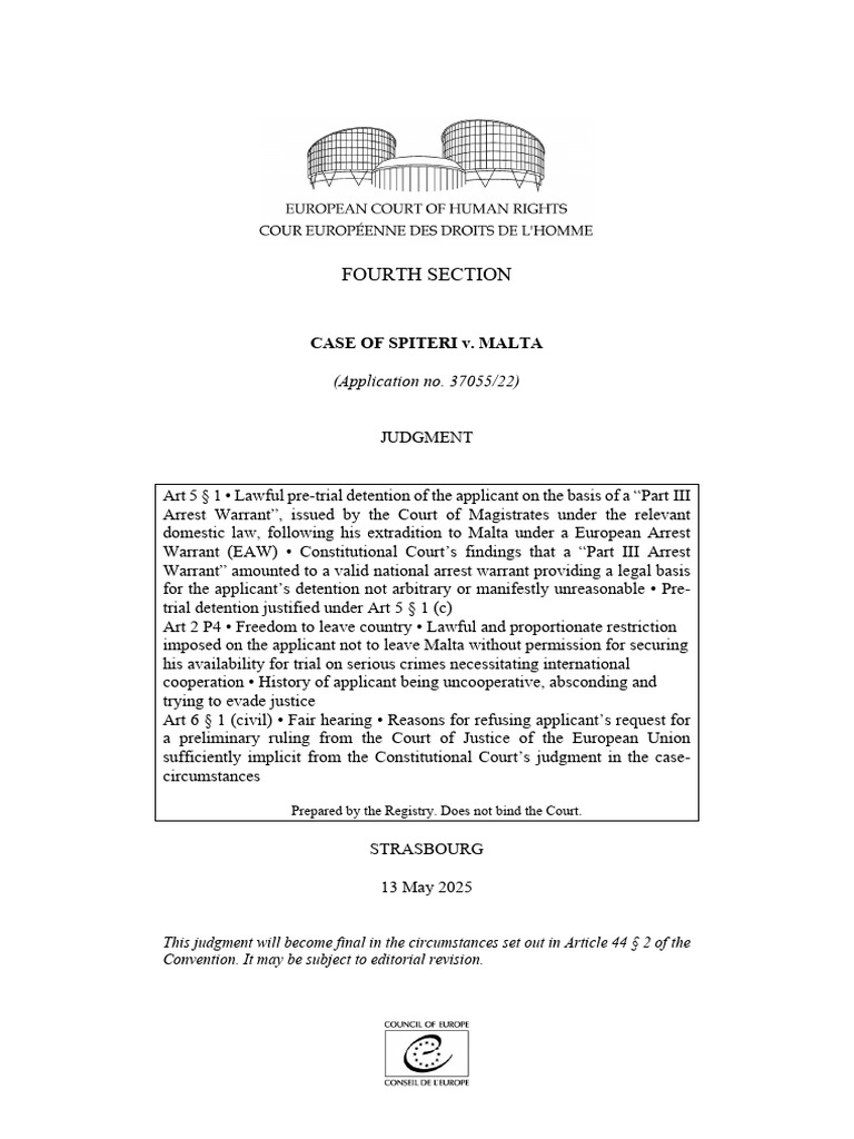 CASE OF SPITERI v. MALTA | PDF | Bail | Arrest