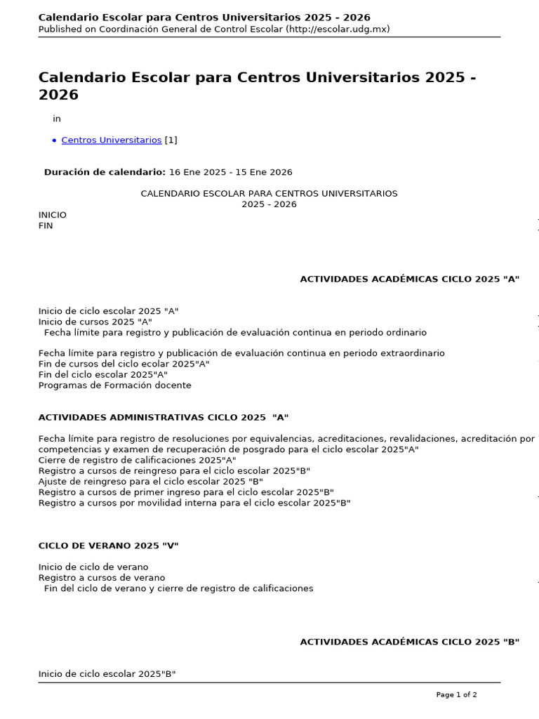 Calendario Escolar UDG 2025 2026 | PDF