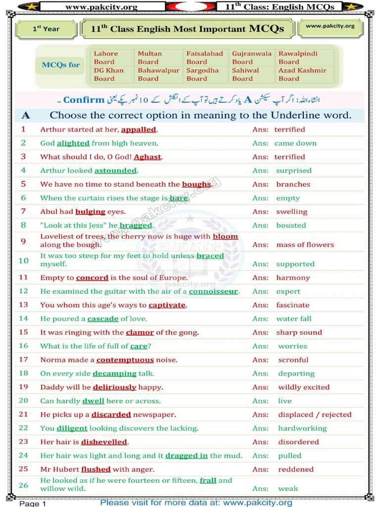 Class 11 English MCQs | PDF