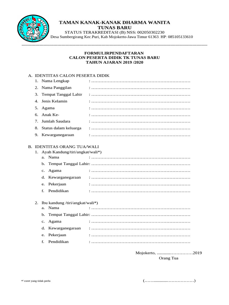 FORMULIR PENDAFTARAN PAUD TK Tunas Baru | PDF