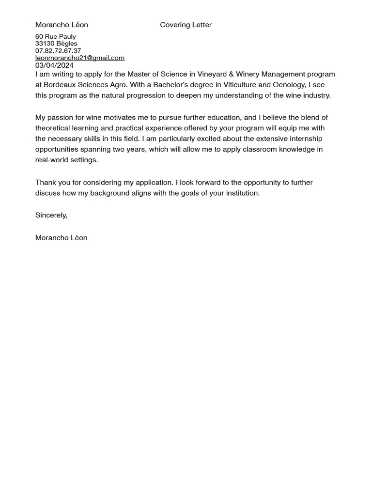 Covering Letter BSA Master Léon | PDF