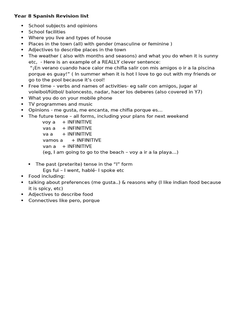 Year 8 Spanish Revision List 2025 | PDF