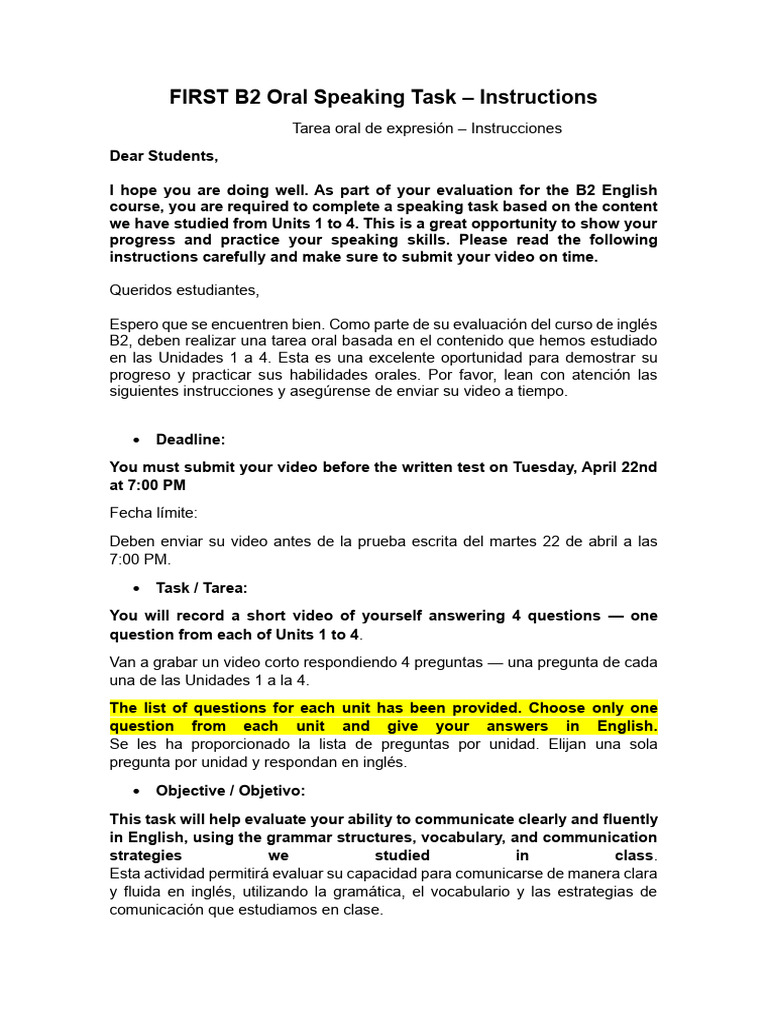 FIRST B2 Oral Speaking Task | PDF | Lingüística