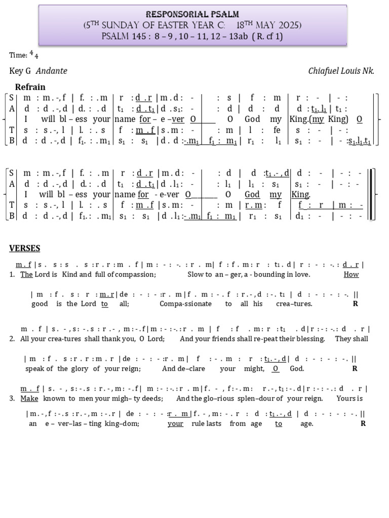 Psalms 5th Sunday of Easter Year C (I Will Bless Your Name Forever ...