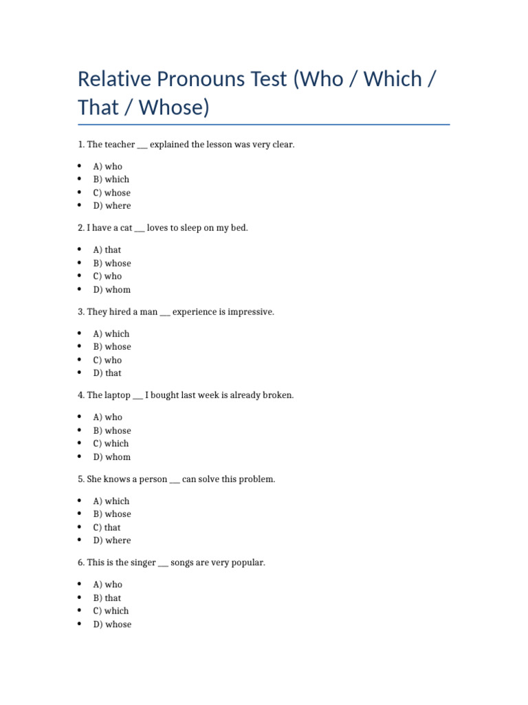Relative Pronouns Test 2 | PDF