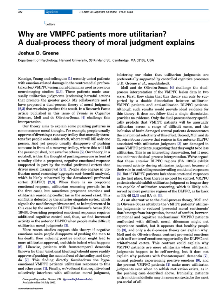 Greene Dual Process Theory of Moral Judgment | PDF
