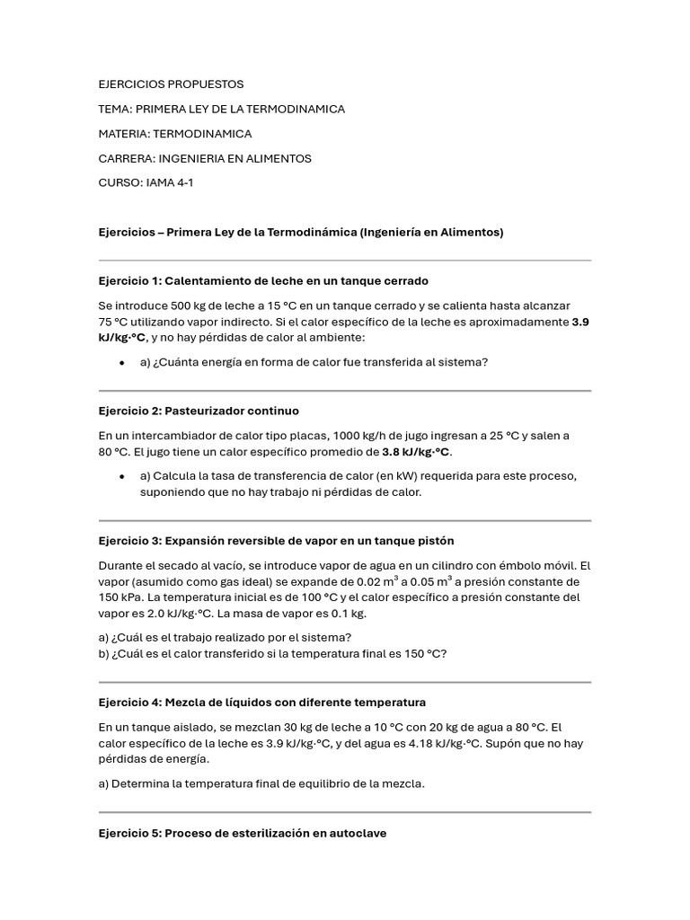 EJERCICIOS PROPUESTOS 1era LEY TERMODINAMICA | PDF | Calor | Termodinámica