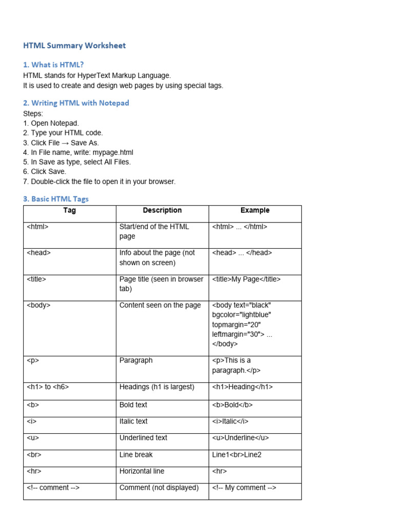 HTML Basics and Practice Worksheet | PDF | Html | Hypertext